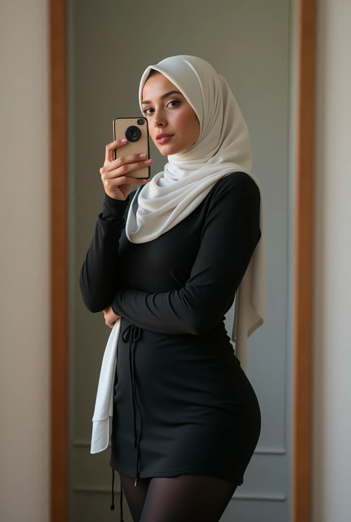 There is a Maghrila Hijab Malaysian woman taking a selfie in a mirror ...
