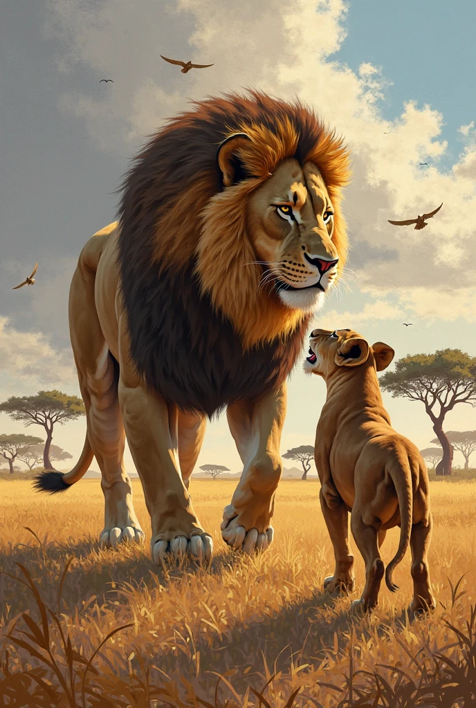 The little lion grows up but confronts its father - SeaArt AI