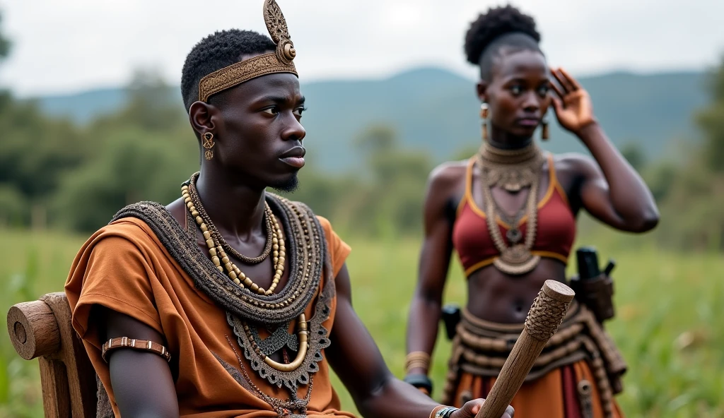 In a peaceful Rwandan village setting, a young dark-skinned man sits ...