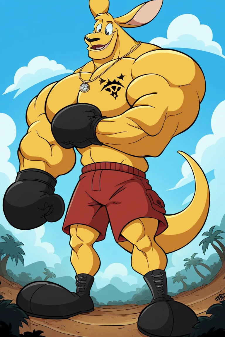 A giant muscles boxing kangaroo, yellow skin, long neck, bigger ...