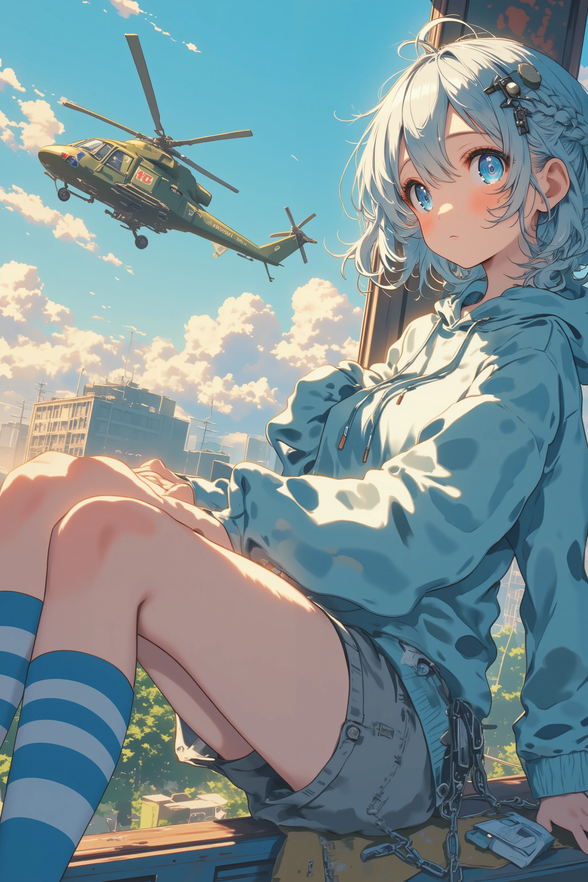 Anime girl sitting on a ledge with a helicopter flying overhead - SeaArt AI