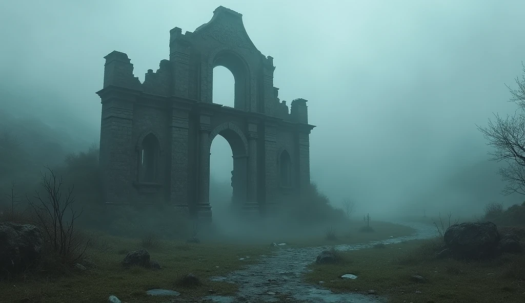 An eerie abandoned stone ruin covered in mist. - SeaArt AI