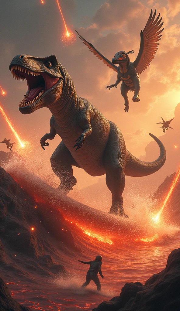 A T-Rex surfing a lava river, while a ninja penguin fights robots in ...