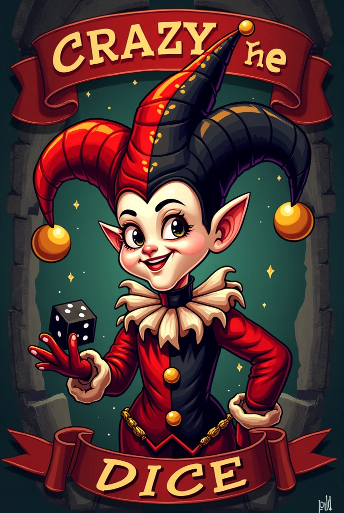 Create an image of a cute jester with the colors red and black and the ...