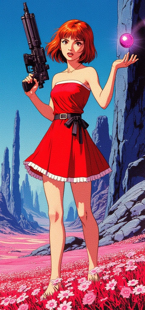 Natasha Guseva as Alisa Selezneva, in a short red dress with white trim ...