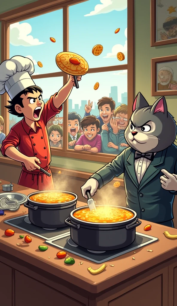 "A high-energy cartoon-style scene featuring Chef Kato in the middle of ...