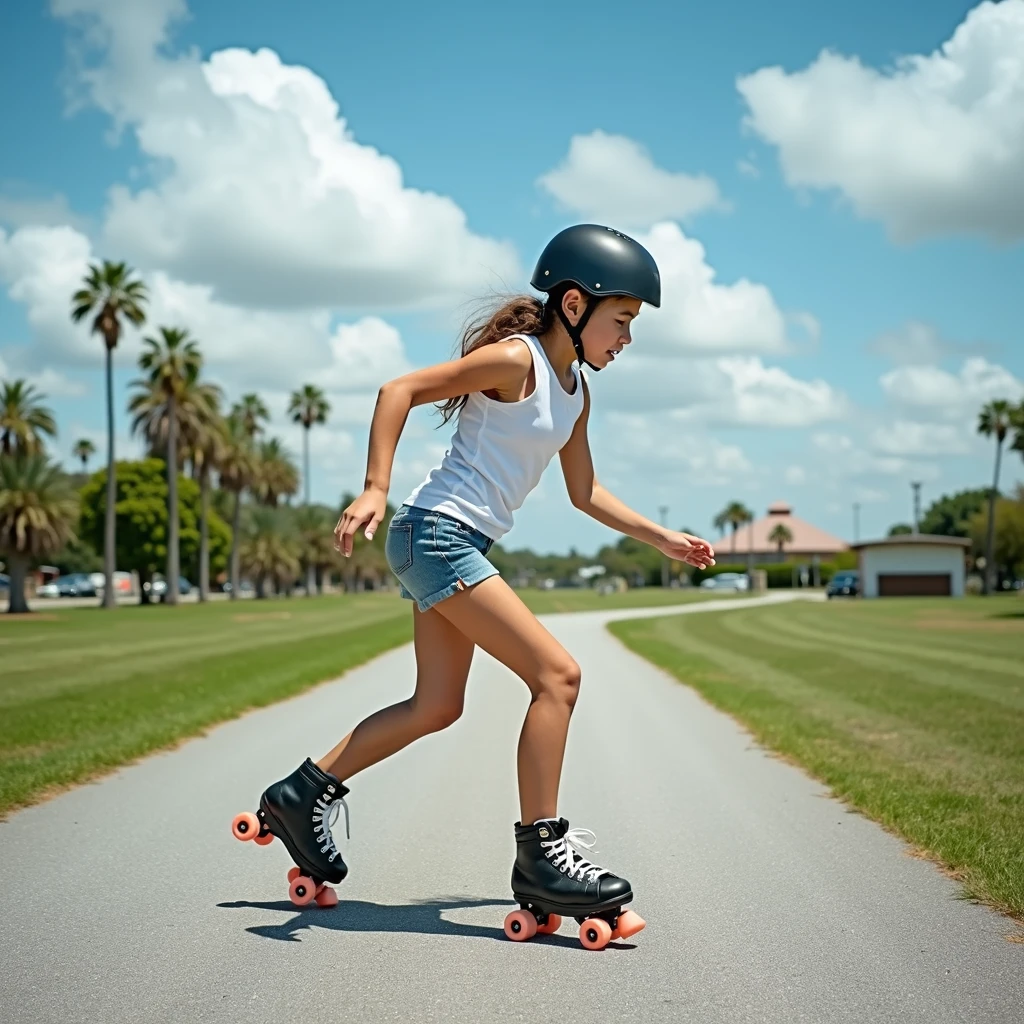 The photo shows a girl rollerblading on an asphalt path. She is wearing ...