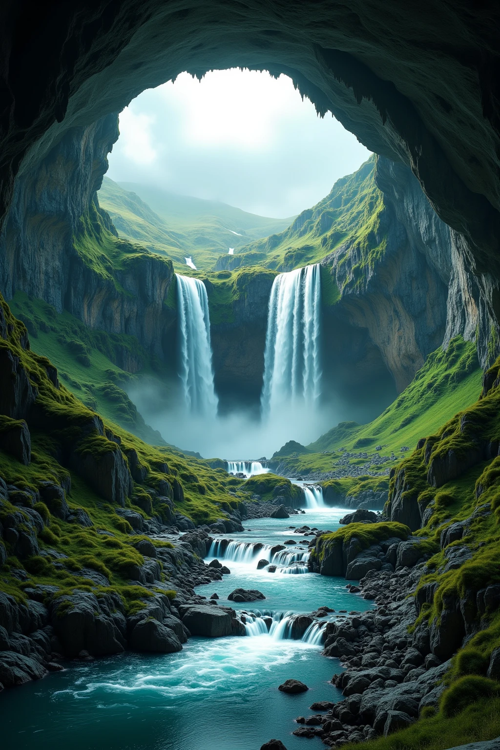 Cave with waterfalls, dramatic rugged landscape, lush greenery - SeaArt AI