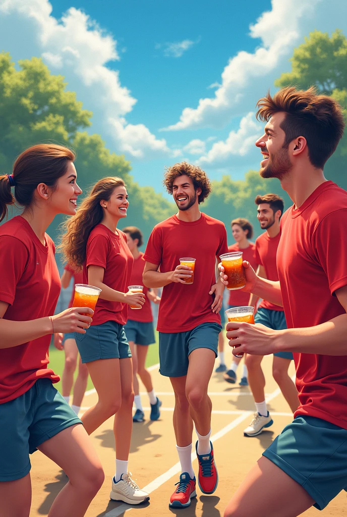 People play sports and drink beer. They wear red T-shirts. Make it a ...