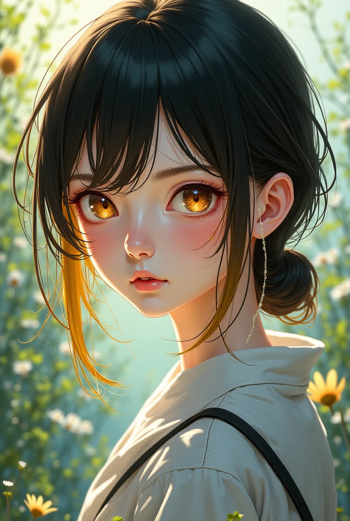 girl , white skin color with amber eyes , medium long hair color black ...