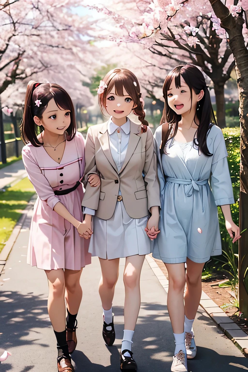 Three girls in school uniforms are posing for a picture - SeaArt AI