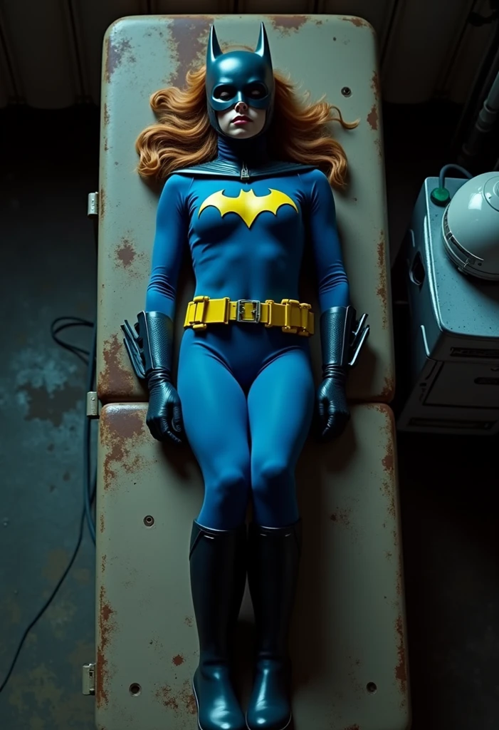 Realistic aerial photo of Batgirl in her early 30s, laying down on a rusty opera - SeaArt AI