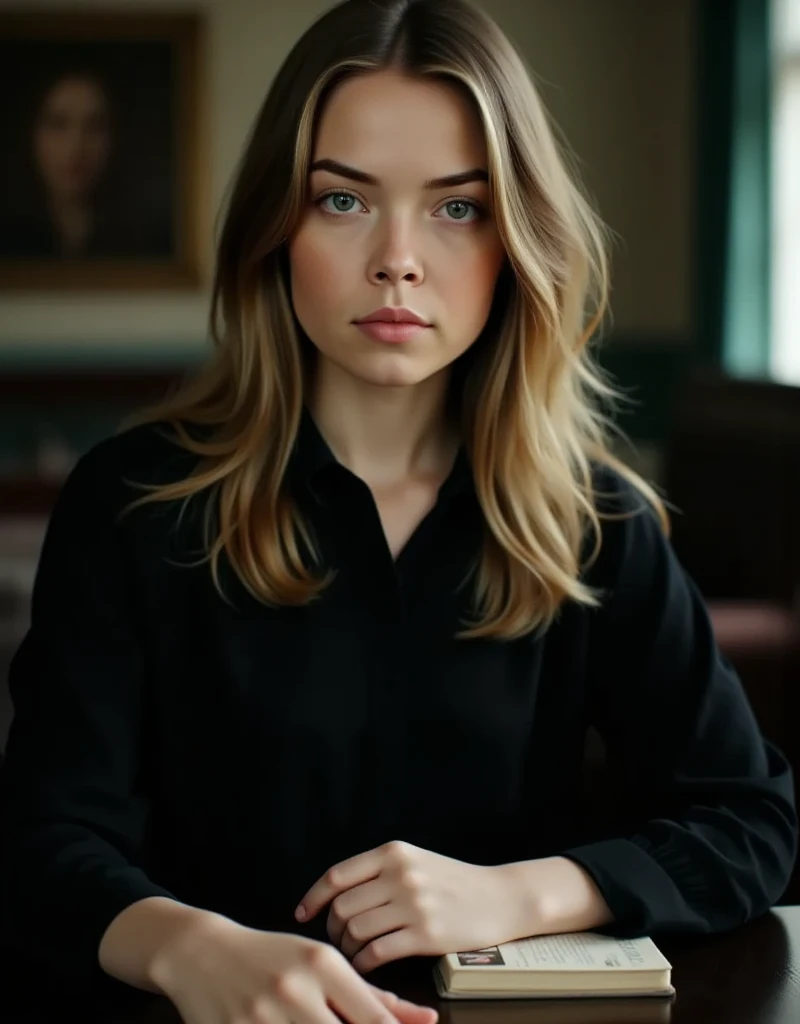 Create a portrait of a young woman with long light hair, dressed in a ...