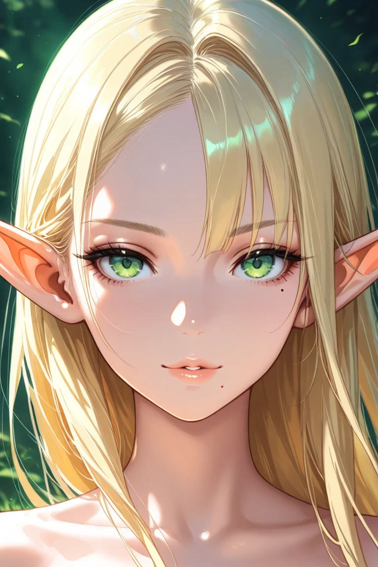 Elf girl, blonde, thin, green eyes, sly look, thin lips, mole on cheek ...