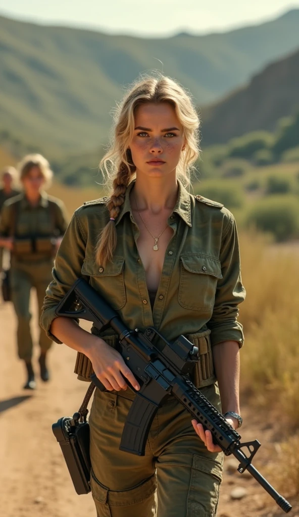 A hyper-realistic American woman in her early 20s, with an athletic yet ...