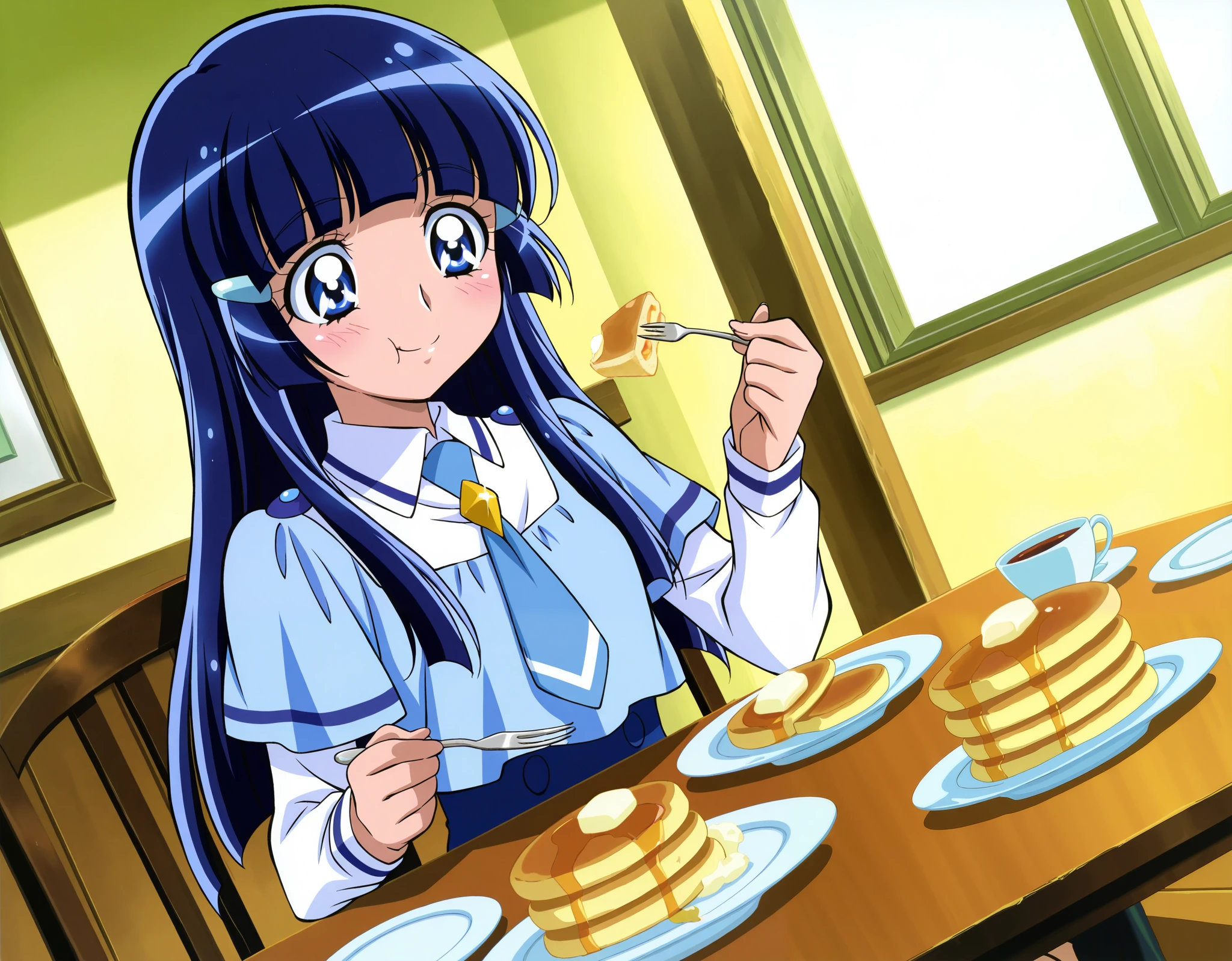 Anime girl eating pancakes with a fork and spoon at a table（aoki reika ...