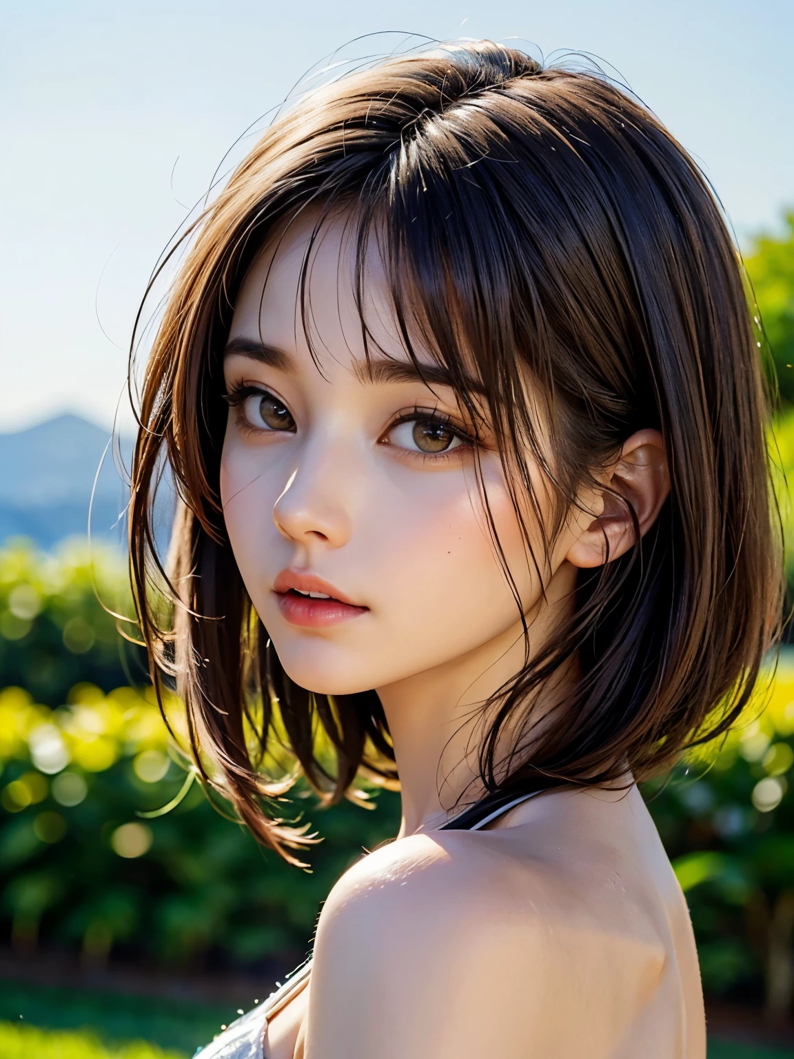 A woman with a short hair and a white top posing for a picture - SeaArt AI