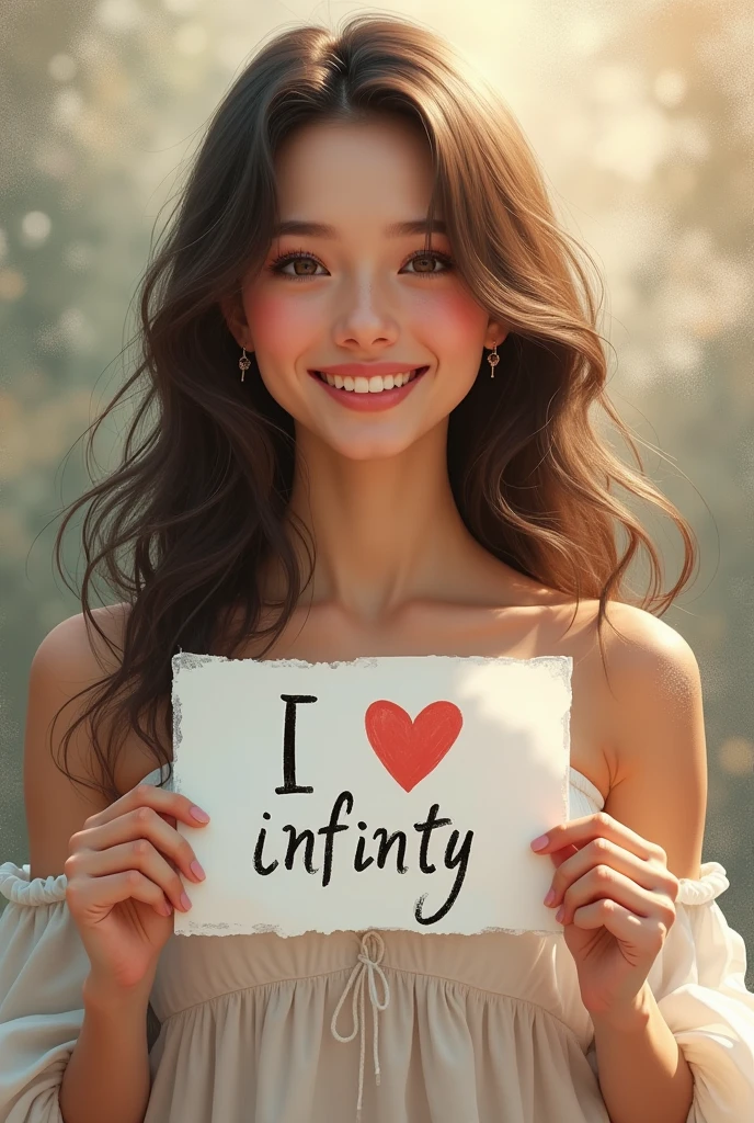 A beautiful and pretty woman holding a sign "I love infinity - SeaArt AI