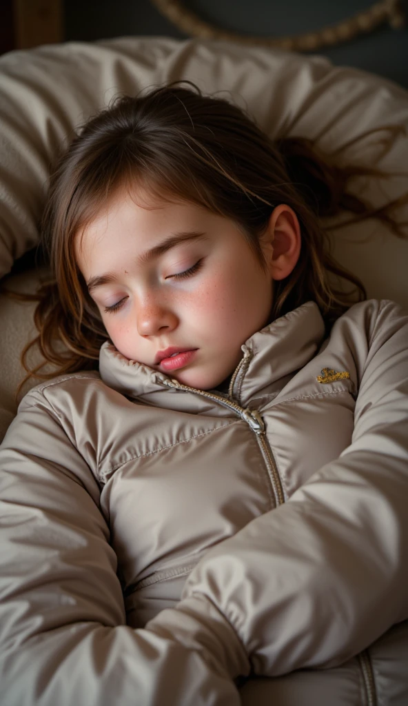 A napped girl wearng a moncler puffer coat - SeaArt AI