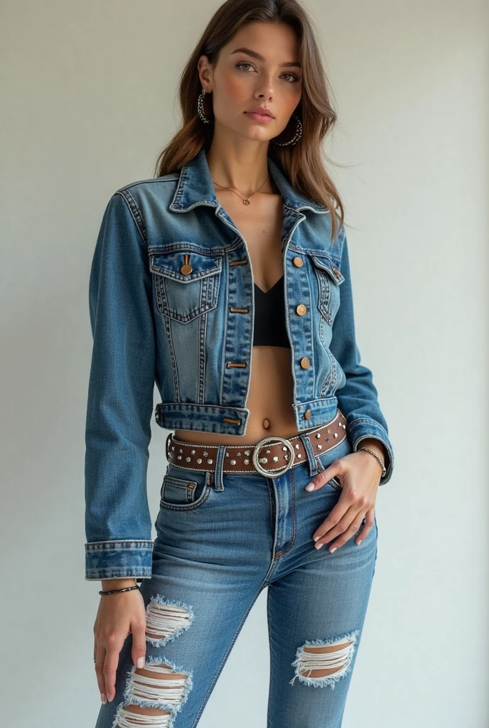 Total look in denim (jacket, pants and tops) Low-waist jeans with ...