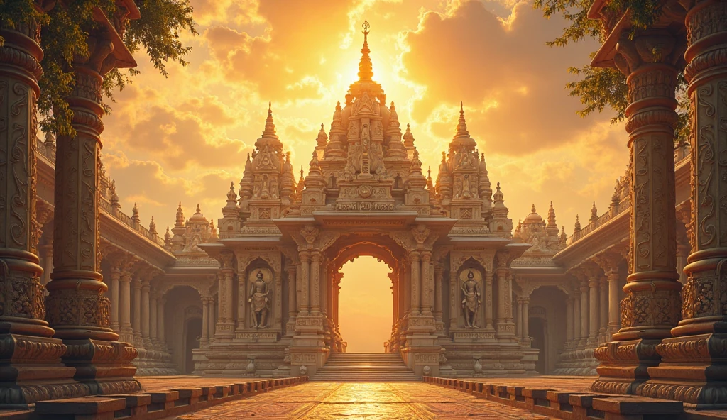 A grand temple dedicated to Surya, bathed in golden sunlight - SeaArt AI