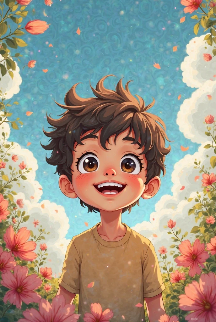 A boy character with messy hair piece full background anime style ...