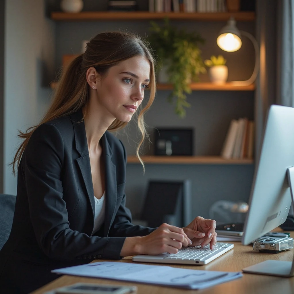 Young woman working to dress elegant suit in front of the Excel ...