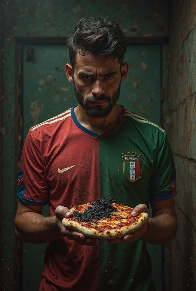 Make me a picture of a sad Italian soccer fan holding a burnt pizza ...