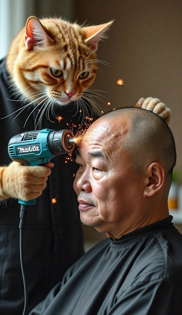 Ultra-realistic image of a cat hairstylist using a Makita power tool to ...