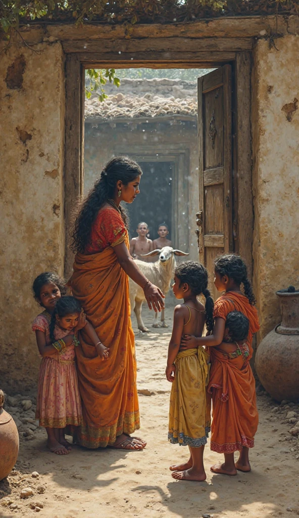 A rural courtyard with an old, partially open wooden door. In the ...