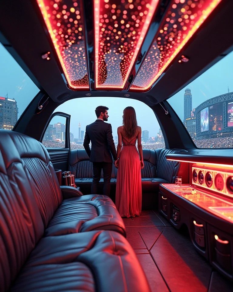 A Pinterest-styled collage showing: 1️⃣ Inside view of a limo with LED ...