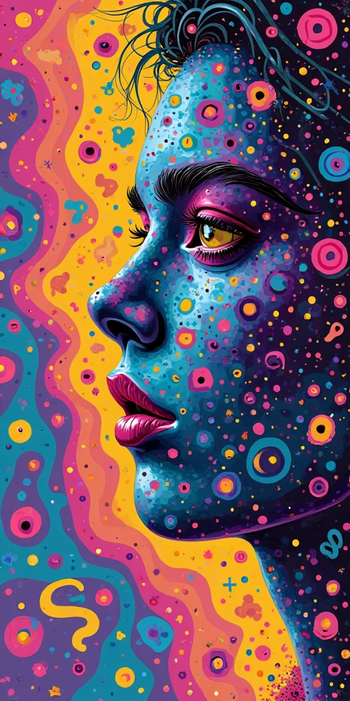 Profile illustration, abstract, bright colors, psychedelic, well lit ...