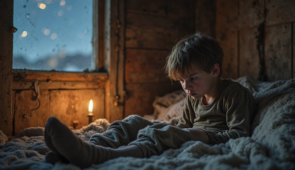 A boy, with light brown and untidy hair, big brown eyes, an expression ...
