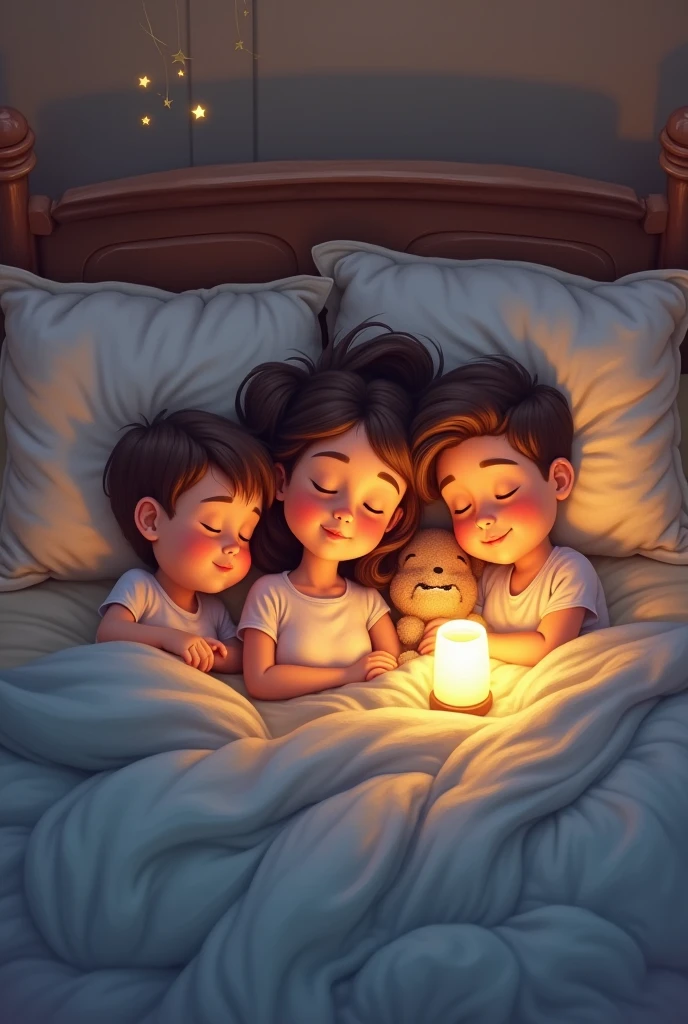 A girl and two boys in bed sleeping ( 2d cartoon) - SeaArt AI