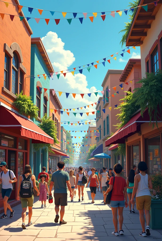 Visitors stroll through a creative district - SeaArt AI