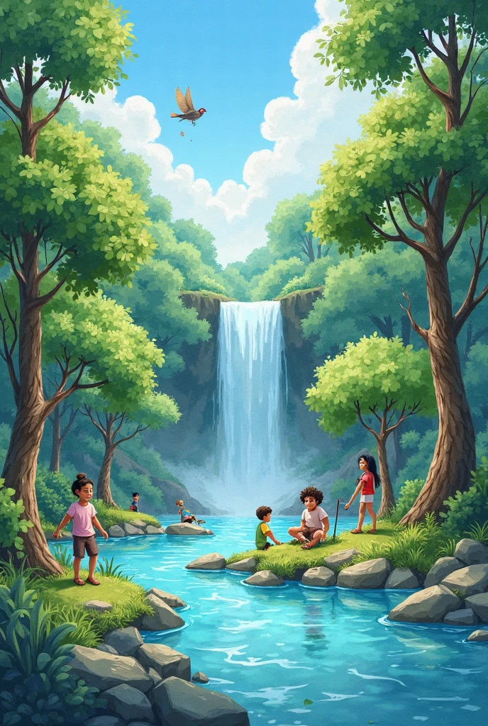 Make an animated cartoon depicting water conservation in a natural ...
