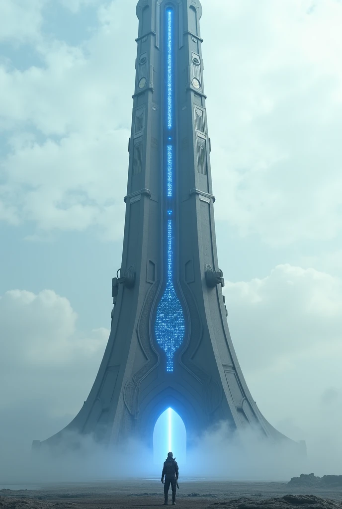 A colossal and futuristic tower, floating in the sky. Its design is ...