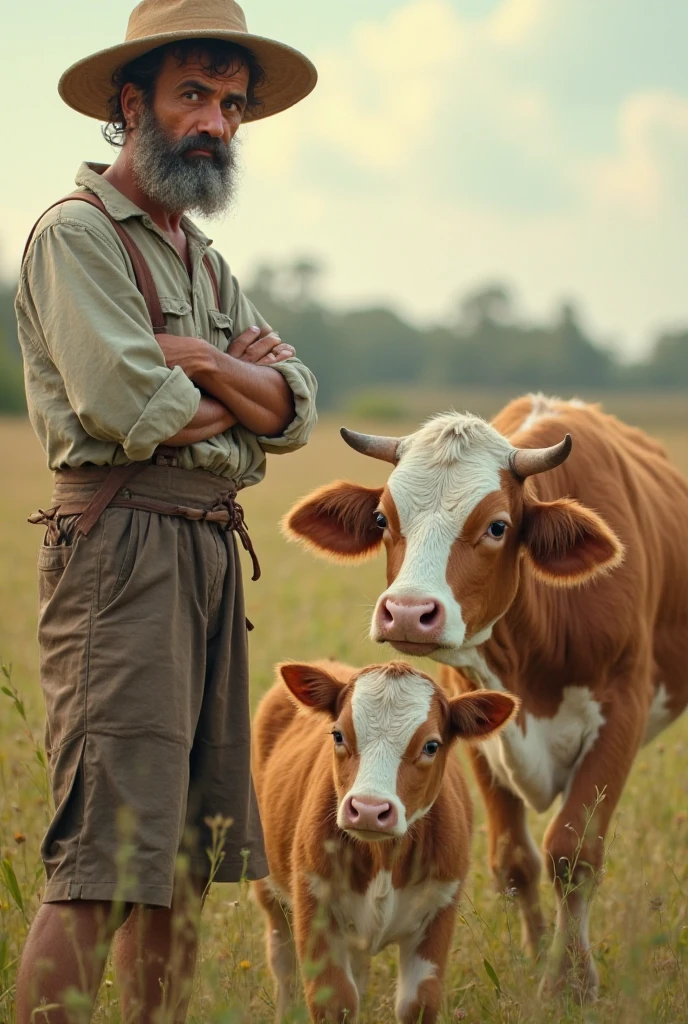 A poor farmer standing near the cow with a sad expression. The cow ...