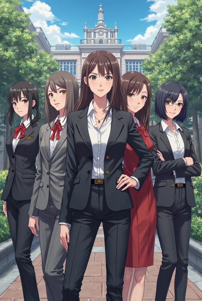 A group of anime students standing infront of a high school. They ...