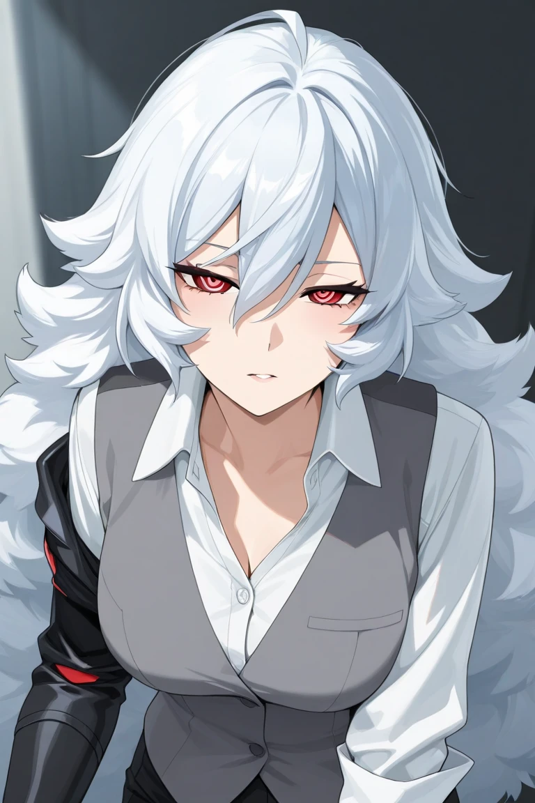 A tall matured female adult with very boy-short and black fluffy hair ...