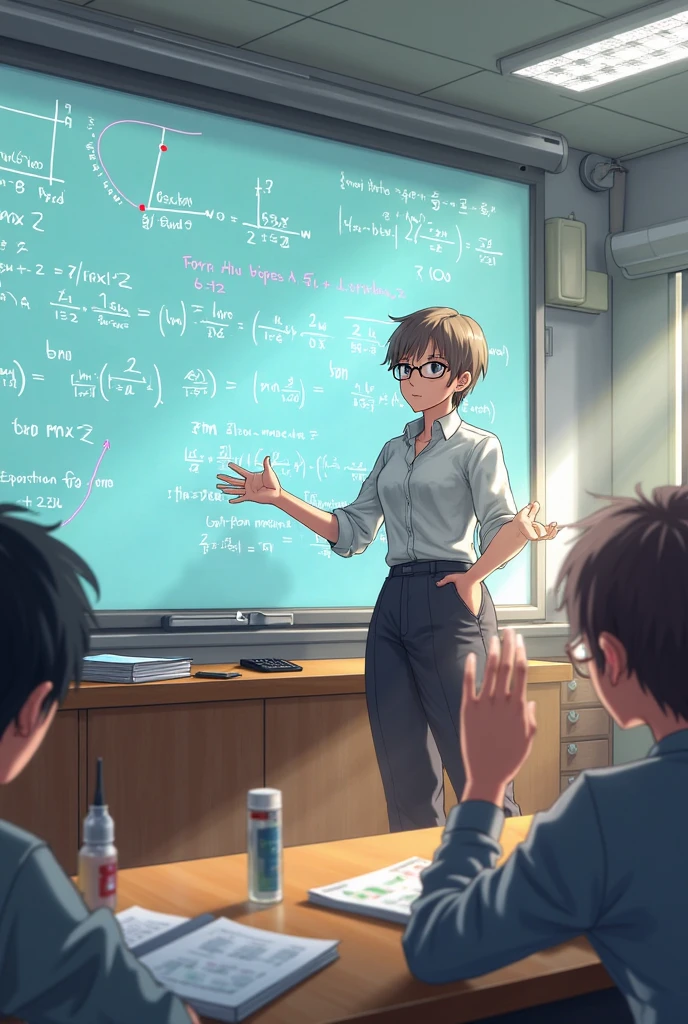 "An anime teacher, with short hair and glasses, explaining mathematical ...