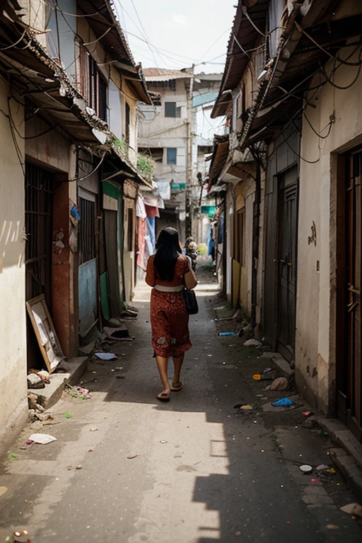 A woman walking in the middle of a narrow alley in the slums of ...