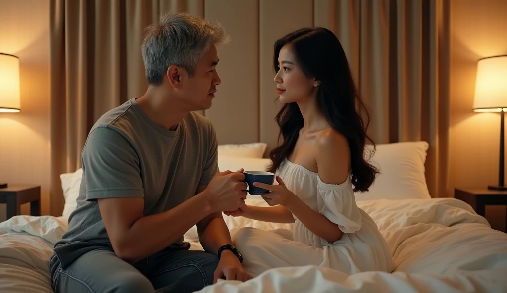 A cinematic and intimate bedroom scene featuring a 50-year-old middle ...