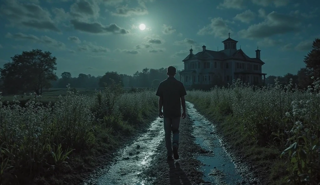 A realistic scene of a man walking slowly along a rural dirt road ...