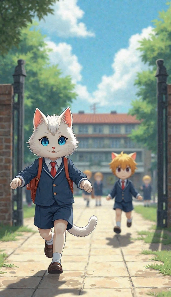"""A anthropomorphic human-cat boy with white hair and big blue eyes ...