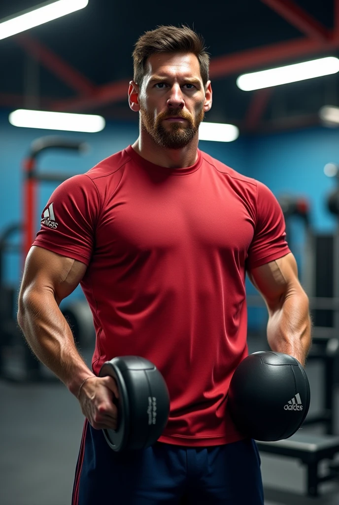 Lionel Messi, in a gym, with big belly, serious expression, confident ...