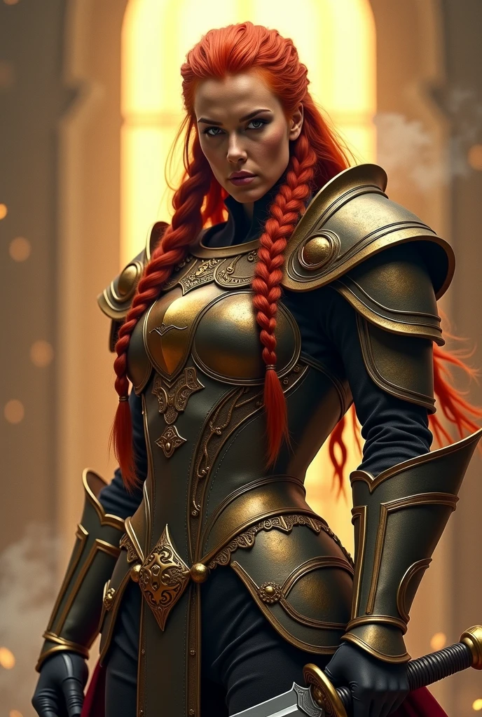 Imposing figure with a fierce, determined expression, long red hair ...