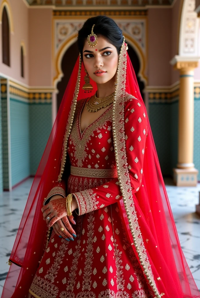 Make her Pakistani culture muslim bride in red lehnga - SeaArt AI