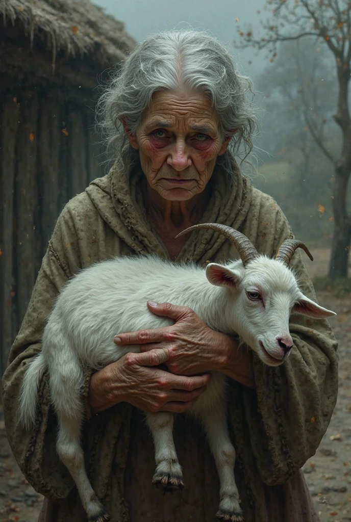 Create an image in which an old woman is crying to his white dead goat ...
