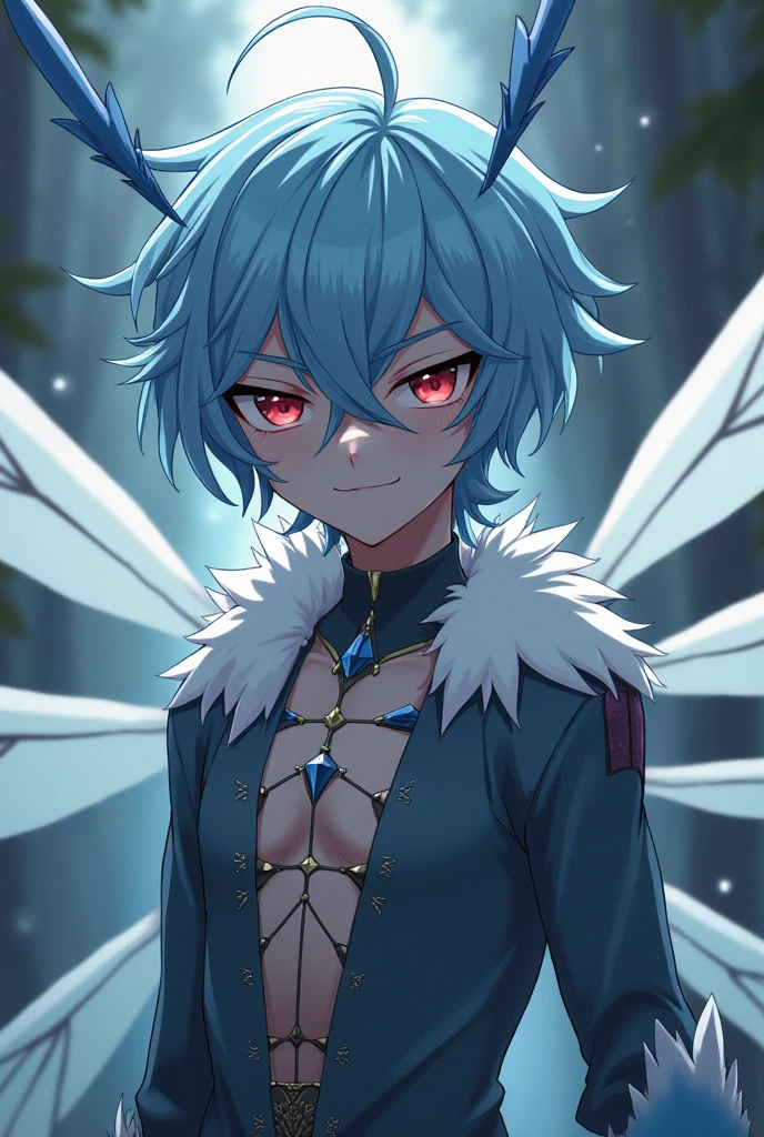 Dark male fairy with slanted eyes with an insect style and red pupils ...